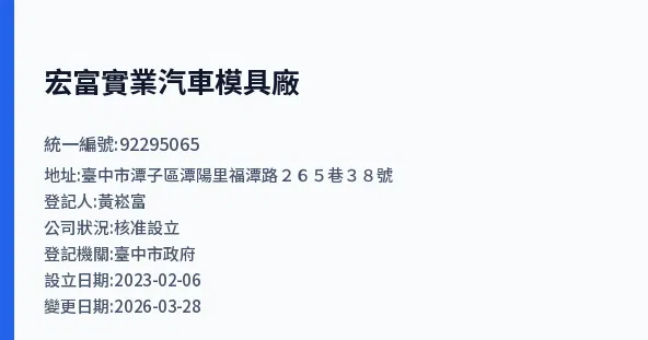 宏富實業汽車模具廠的照片-統編 92295065(臺中市) 公司登記資料與營業項目詳細圖表