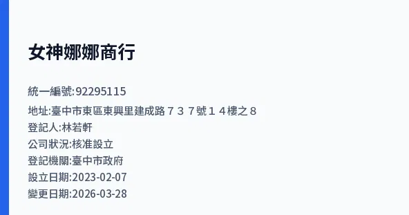 女神娜娜商行的照片-統編 92295115(臺中市) 公司登記資料與營業項目詳細圖表