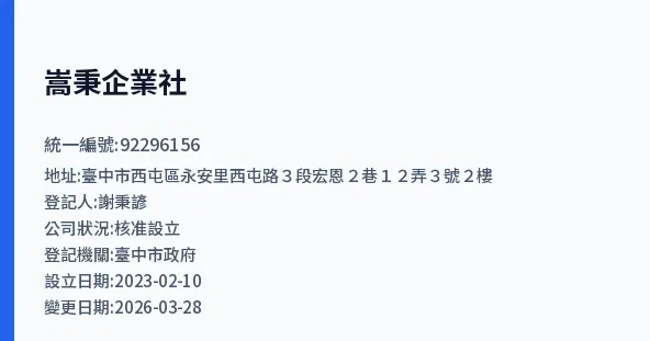 嵩秉企業社的照片-統編 92296156(臺中市) 公司登記資料與營業項目詳細圖表