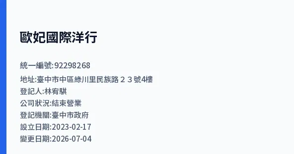 歐妃國際洋行的照片-統編 92298268(臺中市) 公司登記資料與營業項目詳細圖表