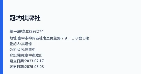 冠均棋牌社的照片-統編 92298274(臺中市) 公司登記資料與營業項目詳細圖表
