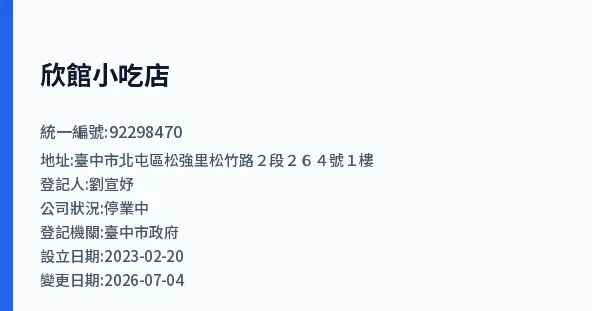 欣館小吃店的照片-統編 92298470(臺中市) 公司登記資料與營業項目詳細圖表