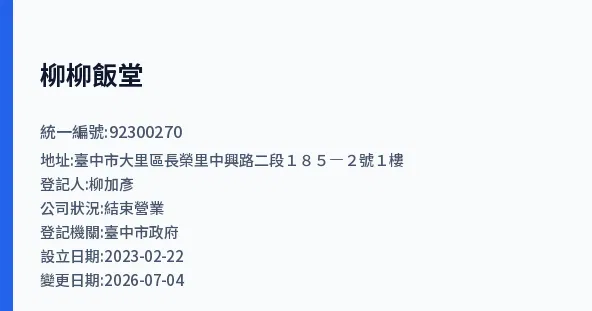 柳柳飯堂的照片-統編 92300270(臺中市) 公司登記資料與營業項目詳細圖表