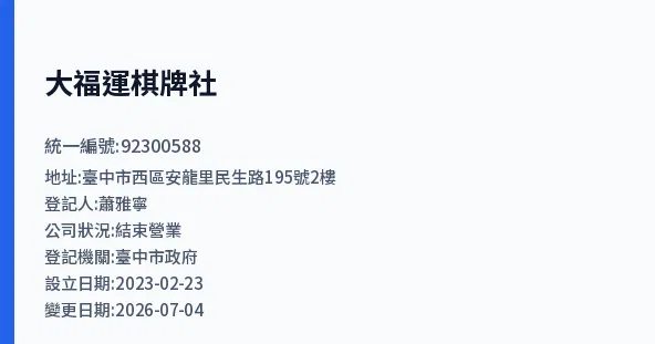 大福運棋牌社的照片-統編 92300588(臺中市) 公司登記資料與營業項目詳細圖表