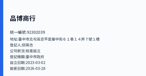 品博商行的照片-統編 92302039(臺中市) 公司登記資料與營業項目詳細圖表