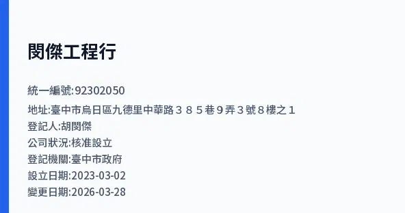 閔傑工程行的照片-統編 92302050(臺中市) 公司登記資料與營業項目詳細圖表