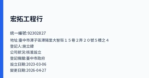 宏拓工程行的照片-統編 92302827(臺中市) 公司登記資料與營業項目詳細圖表