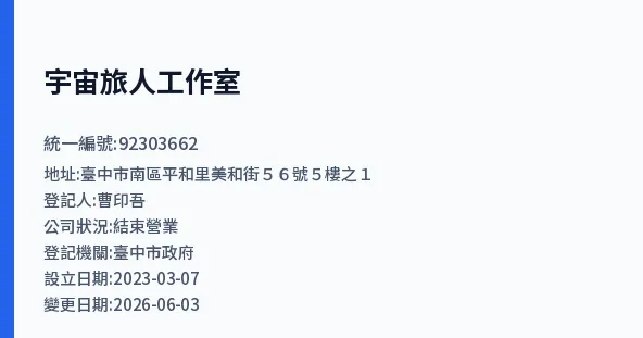 宇宙旅人工作室的照片-統編 92303662(臺中市) 公司登記資料與營業項目詳細圖表