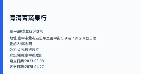 青清菁蔬果行的照片-統編 92304070(臺中市) 公司登記資料與營業項目詳細圖表