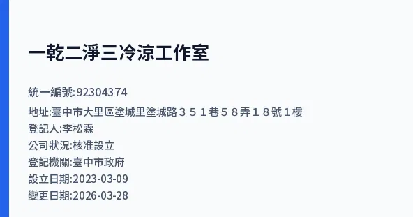 一乾二淨三冷涼工作室的照片-統編 92304374(臺中市) 公司登記資料與營業項目詳細圖表