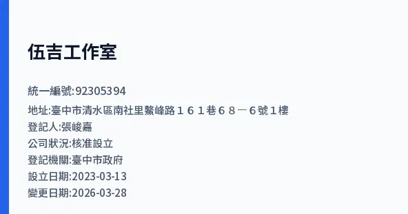 伍吉工作室的照片-統編 92305394(臺中市) 公司登記資料與營業項目詳細圖表