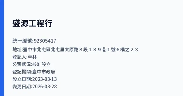 盛源工程行的照片-統編 92305417(臺中市) 公司登記資料與營業項目詳細圖表
