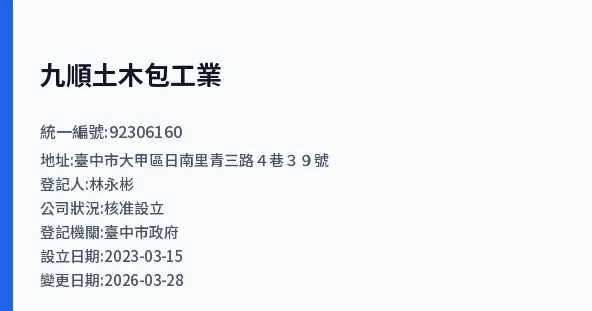 九順土木包工業的照片-統編 92306160(臺中市) 公司登記資料與營業項目詳細圖表
