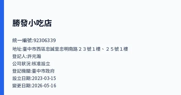 勝發小吃店的照片-統編 92306339(臺中市) 公司登記資料與營業項目詳細圖表