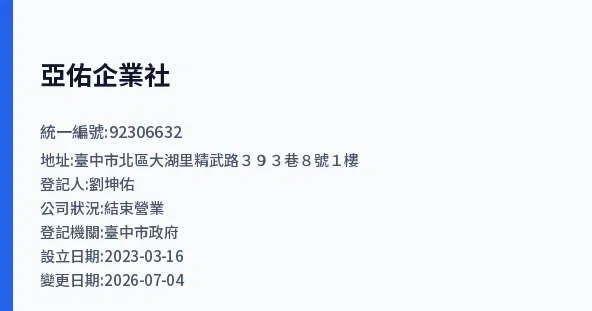 亞佑企業社的照片-統編 92306632(臺中市) 公司登記資料與營業項目詳細圖表