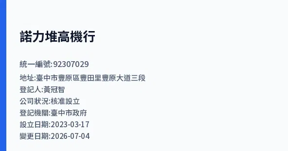 諾力堆高機行的照片-統編 92307029(臺中市) 公司登記資料與營業項目詳細圖表