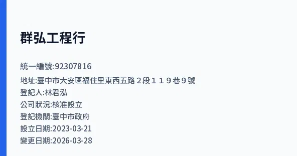 群弘工程行的照片-統編 92307816(臺中市) 公司登記資料與營業項目詳細圖表