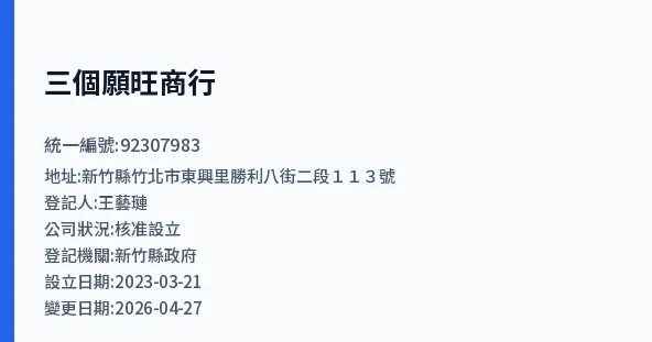 三個願旺商行的照片-統編 92307983(新竹縣) 公司登記資料與營業項目詳細圖表