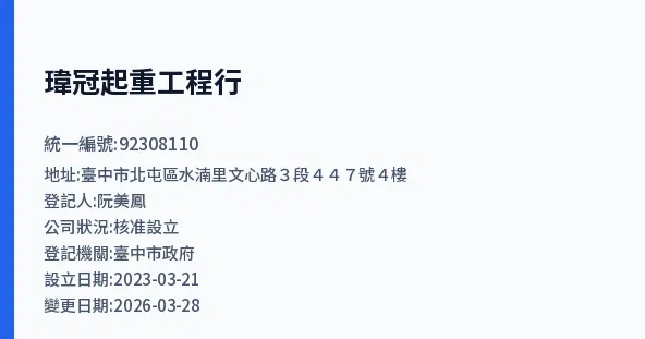 瑋冠起重工程行的照片-統編 92308110(臺中市) 公司登記資料與營業項目詳細圖表