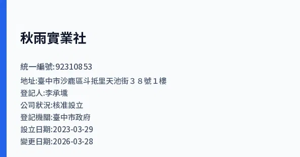 秋雨實業社的照片-統編 92310853(臺中市) 公司登記資料與營業項目詳細圖表