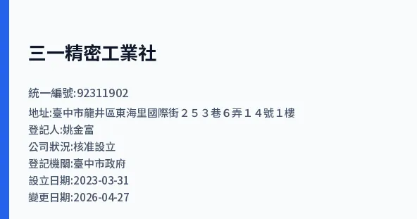 三一精密工業社的照片-統編 92311902(臺中市) 公司登記資料與營業項目詳細圖表