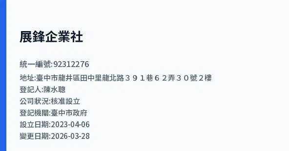 展鋒企業社的照片-統編 92312276(臺中市) 公司登記資料與營業項目詳細圖表
