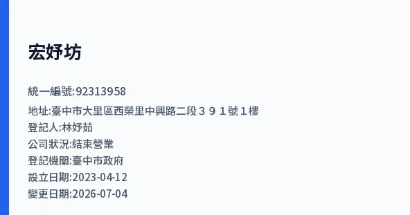 宏妤坊的照片-統編 92313958(臺中市) 公司登記資料與營業項目詳細圖表