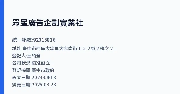 眾星廣告企劃實業社的照片-統編 92315816(臺中市) 公司登記資料與營業項目詳細圖表