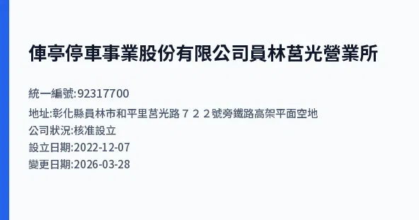 俥亭停車事業股份有限公司員林莒光營業所的照片-統編 92317700(彰化縣) 公司登記資料與營業項目詳細圖表