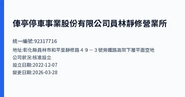 俥亭停車事業股份有限公司員林靜修營業所的照片-統編 92317716(彰化縣) 公司登記資料與營業項目詳細圖表