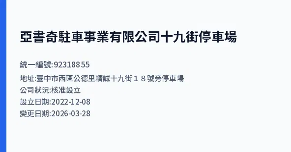 亞書奇駐車事業有限公司十九街停車場的照片-統編 92318855(臺中市) 公司登記資料與營業項目詳細圖表