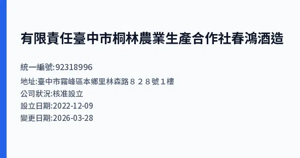 有限責任臺中市桐林農業生產合作社春鴻酒造的照片-統編 92318996(臺中市) 公司登記資料與營業項目詳細圖表