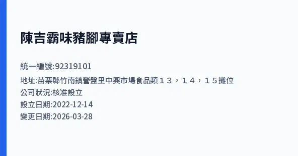 陳吉霸味豬腳專賣店的照片-統編 92319101(苗栗縣) 公司登記資料與營業項目詳細圖表