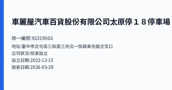車麗屋汽車百貨股份有限公司太原停18停車場的照片-統編 92319502(臺中市) 公司登記資料與營業項目詳細圖表