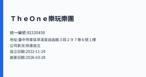 The One樂玩樂團的照片-統編 92320450(臺中市) 公司登記資料與營業項目詳細圖表