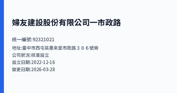 婦友建設股份有限公司一市政路的照片-統編 92321021(臺中市) 公司登記資料與營業項目詳細圖表