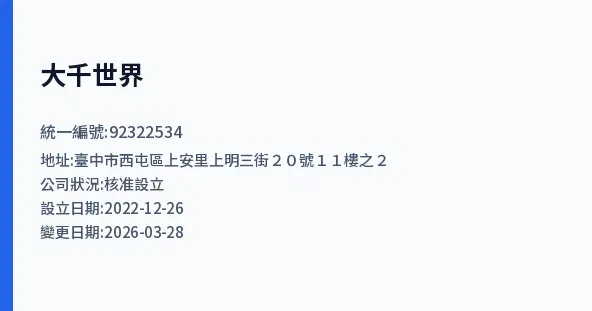 大千世界的照片-統編 92322534(臺中市) 公司登記資料與營業項目詳細圖表