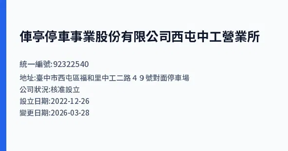 俥亭停車事業股份有限公司西屯中工營業所的照片-統編 92322540(臺中市) 公司登記資料與營業項目詳細圖表