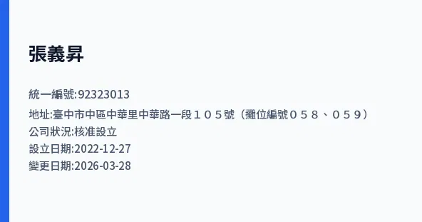張義昇的照片-統編 92323013(臺中市) 公司登記資料與營業項目詳細圖表