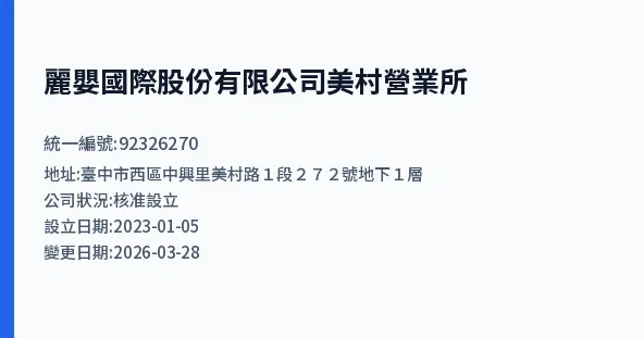 麗嬰國際股份有限公司美村營業所的照片-統編 92326270(臺中市) 公司登記資料與營業項目詳細圖表