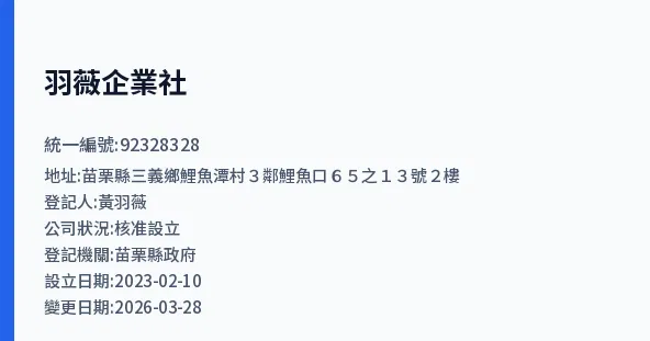 羽薇企業社的照片-統編 92328328(苗栗縣) 公司登記資料與營業項目詳細圖表