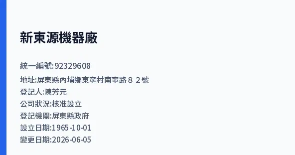 新東源機器廠的照片-統編 92329608(屏東縣) 公司登記資料與營業項目詳細圖表