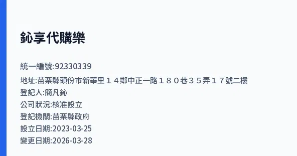 鈊享代購樂的照片-統編 92330339(苗栗縣) 公司登記資料與營業項目詳細圖表