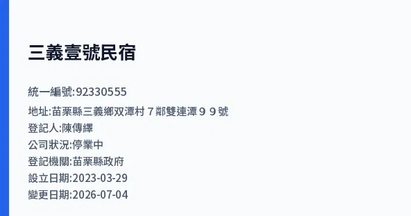 三義壹號民宿的照片-統編 92330555(苗栗縣) 公司登記資料與營業項目詳細圖表