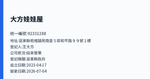 大方娃娃屋的照片-統編 92331288(苗栗縣) 公司登記資料與營業項目詳細圖表