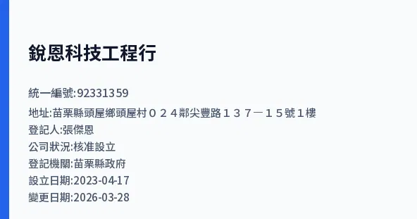 銳恩科技工程行的照片-統編 92331359(苗栗縣) 公司登記資料與營業項目詳細圖表