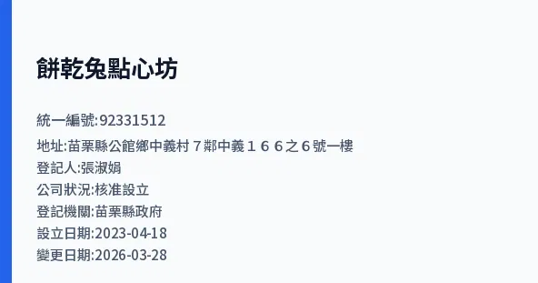 餅乾兔點心坊的照片-統編 92331512(苗栗縣) 公司登記資料與營業項目詳細圖表