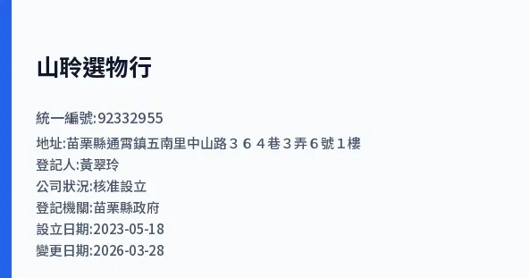 山聆選物行的照片-統編 92332955(苗栗縣) 公司登記資料與營業項目詳細圖表