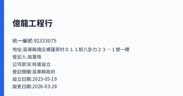 億龍工程行的照片-統編 92333075(苗栗縣) 公司登記資料與營業項目詳細圖表