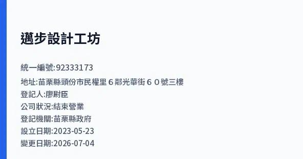 邁步設計工坊的照片-統編 92333173(苗栗縣) 公司登記資料與營業項目詳細圖表